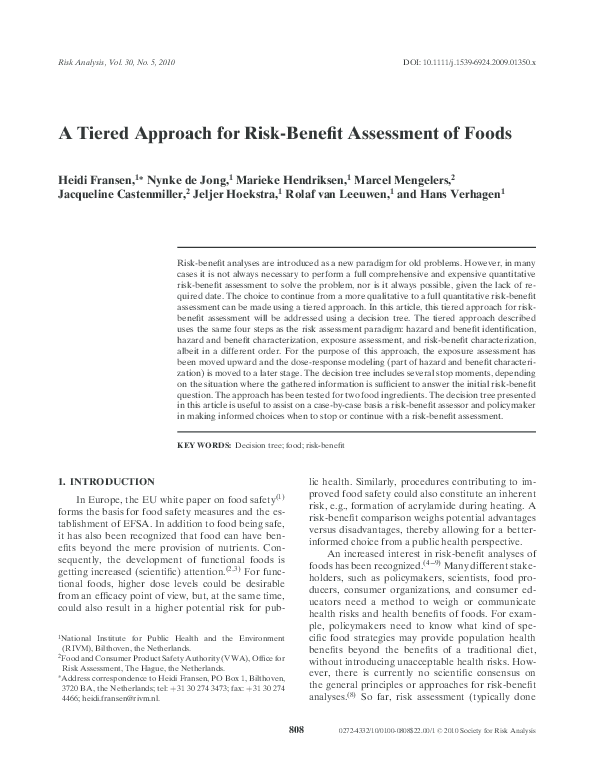 (PDF) A Tiered Approach for Risk-Benefit Assessment of Foods