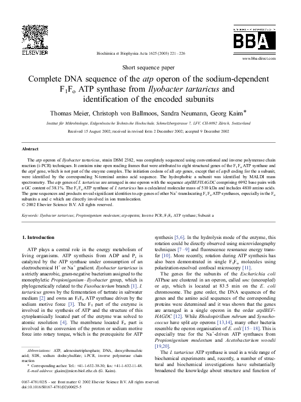 Pdf Complete Dna Sequence Of The Atp Operon Of The Sodium Dependent F1fo Atp Synthase From