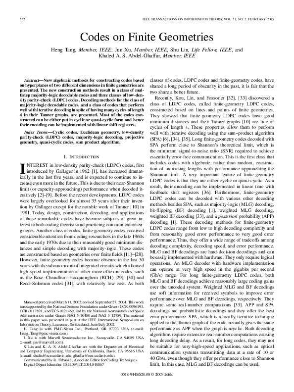 (PDF) Codes on Finite Geometries