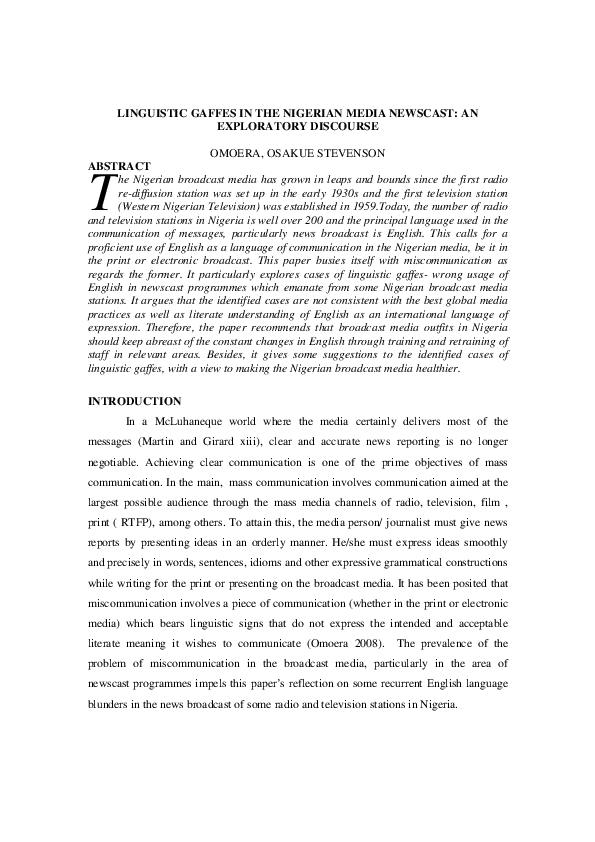 (PDF) Linguistic Gaffes in the Nigerian Media Newscast: An Exploratory ...