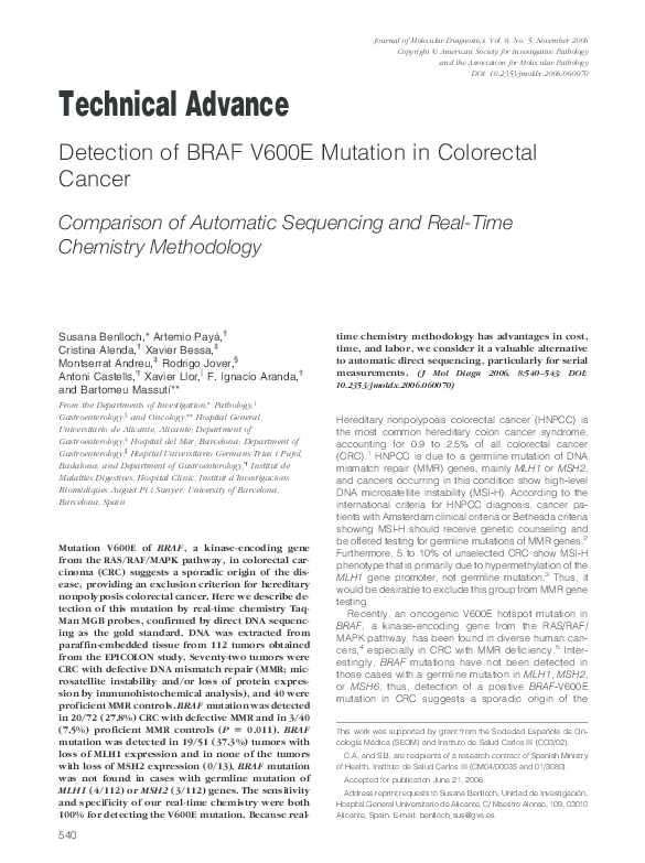 (PDF) Detection of BRAF V600E Mutation in Colorectal Cancer (PDF) Detection of BRAF V600E Mutation in Colorectal Cancer
