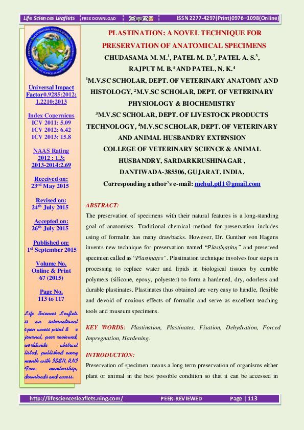 (PDF) PLASTINATION: A NOVEL TECHNIQUE FOR PRESERVATION OF ANATOMICAL ...