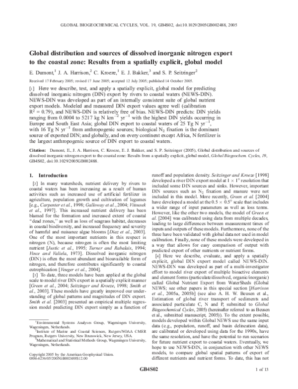 (PDF) Global distribution and sources of dissolved inorganic nitrogen export to the coastal zone ...