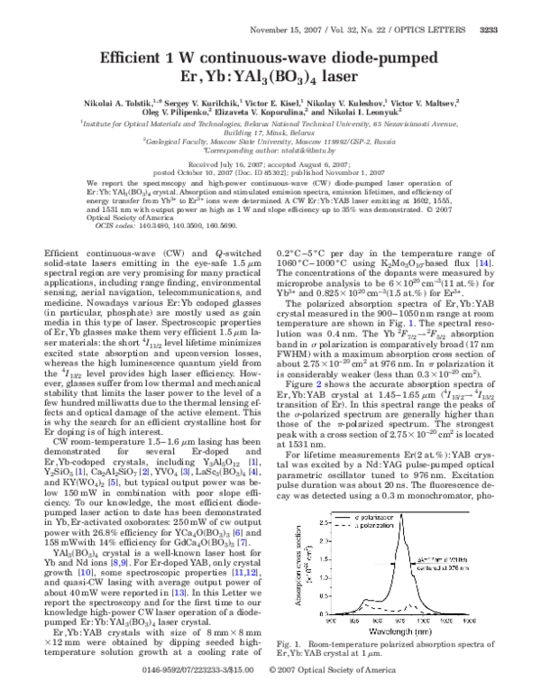 (PDF) Efficient 1 W continuous-wave diode-pumped Er,Yb:YAl_3(BO_3)_4 laser