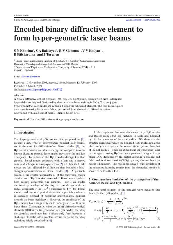 (PDF) Encoded binary diffractive element to form hyper-geometric laser beams