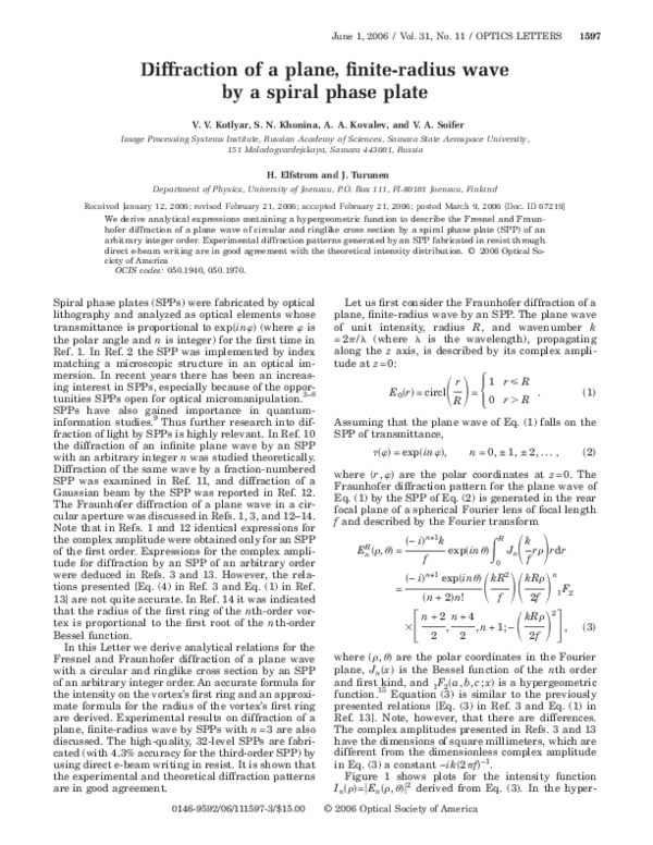 (PDF) Diffraction of a plane, finite-radius wave by a spiral phase plate