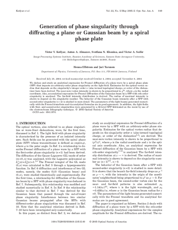 (PDF) Generation of phase singularity through diffracting a plane or Gaussian beam by a spiral ...