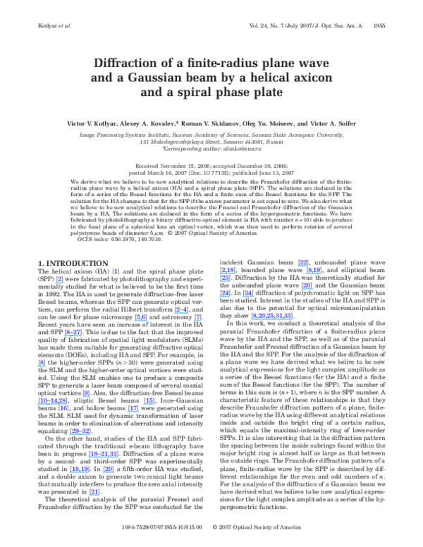 Pdf Diffraction Of A Finite Radius Plane Wave And A Gaussian Beam By A Helical Axicon And A