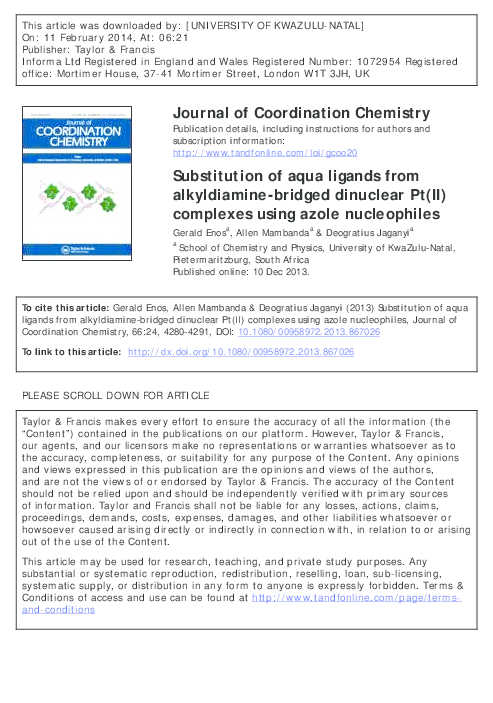 (PDF) Substitution of aqua ligands from alkyldiamine-bridged dinuclear Pt(II) complexes using ...