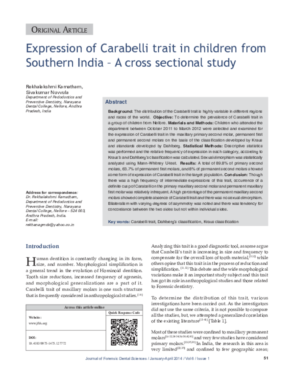(PDF) Expression of Carabelli trait in children from Southern India - A ...