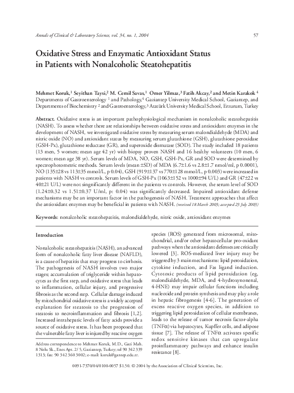 (PDF) Oxidative stress and enzymatic antioxidant status in patients with nonalcoholic ...