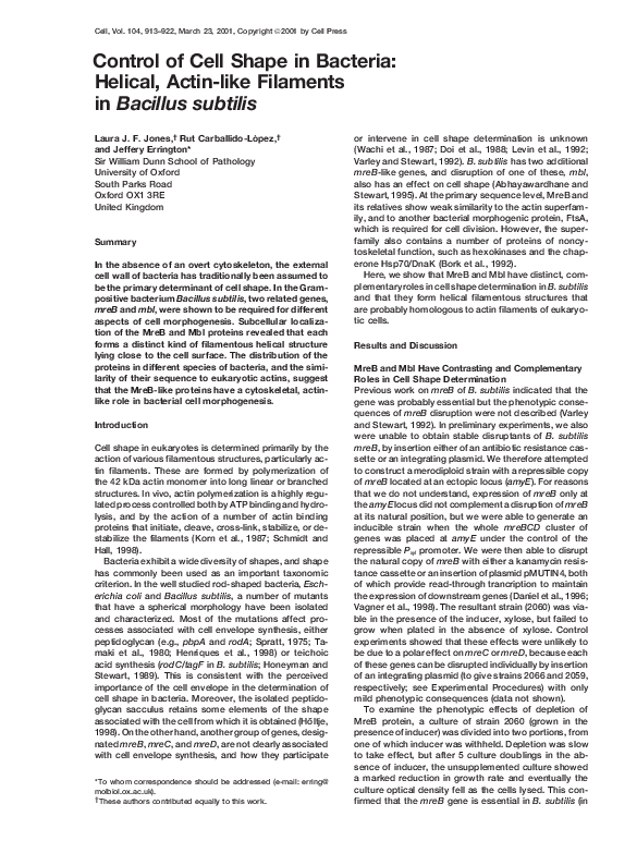 (PDF) Control of cell shape in bacteria: Helical, actin-like filaments ...