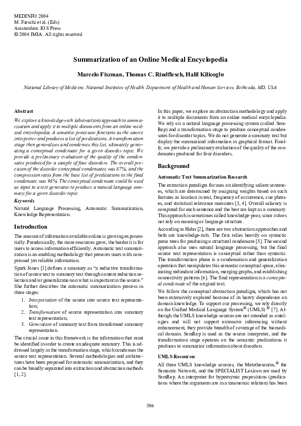 (PDF) Summarization of an online medical encyclopedia