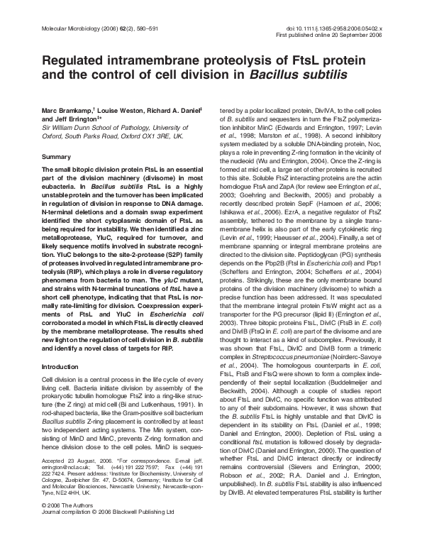 (PDF) Regulated intramembrane proteolysis of FtsL protein and the ...