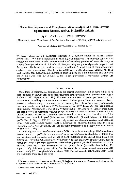 (PDF) Nucleotide Sequence and Complementation Analysis of a Polycistronic Sporulation Operon ...