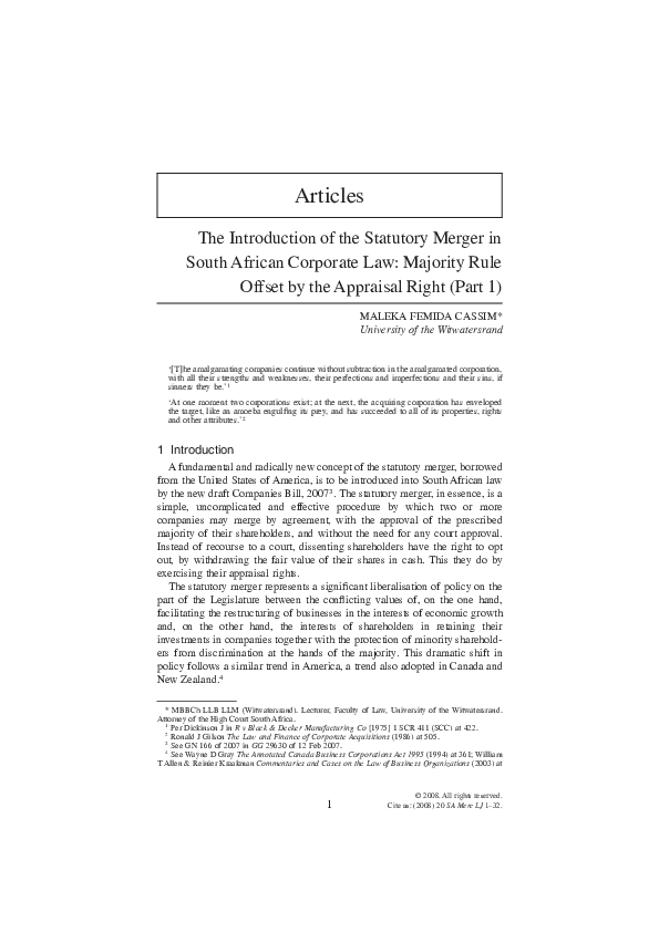 (PDF) The Introduction of the Statutory Merger in South African ...