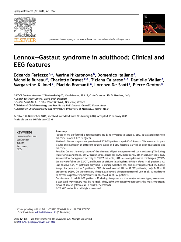 (PDF) Lennox–Gastaut syndrome in adulthood: Clinical and EEG features (PDF) Lennox–Gastaut syndrome in adulthood: Clinical and EEG features