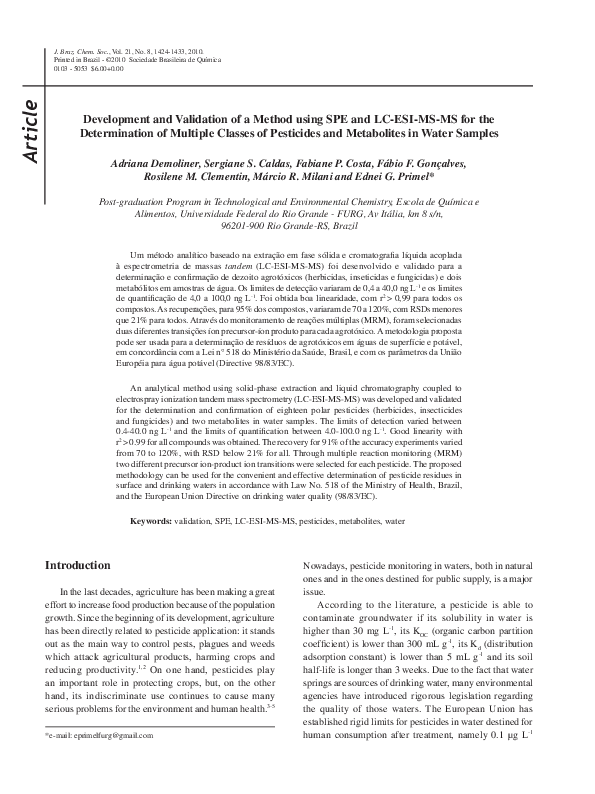 (PDF) Development and validation of a method using SPE and LC-ESI-MS-MS for the determination of ...
