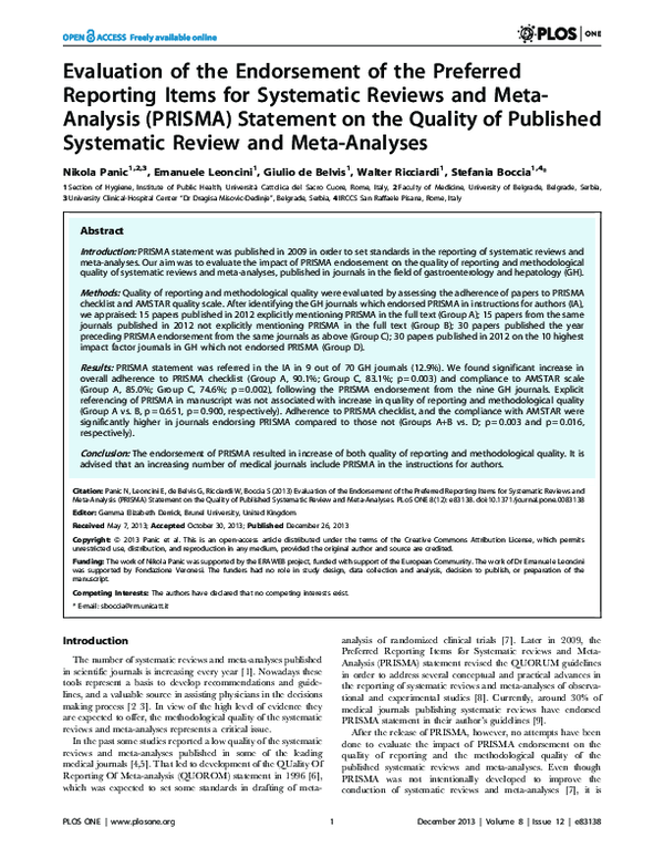 (PDF) Evaluation of the Endorsement of the Preferred Reporting Items for Systematic Reviews and ...