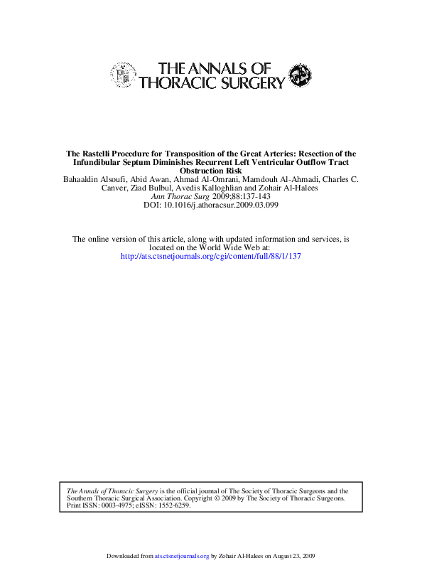 (PDF) The Rastelli Procedure for Transposition of the Great Arteries ...