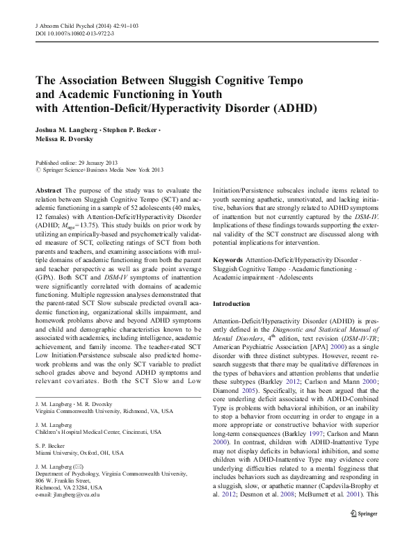 (PDF) The Association Between Sluggish Cognitive Tempo and Academic Functioning in Youth with ...