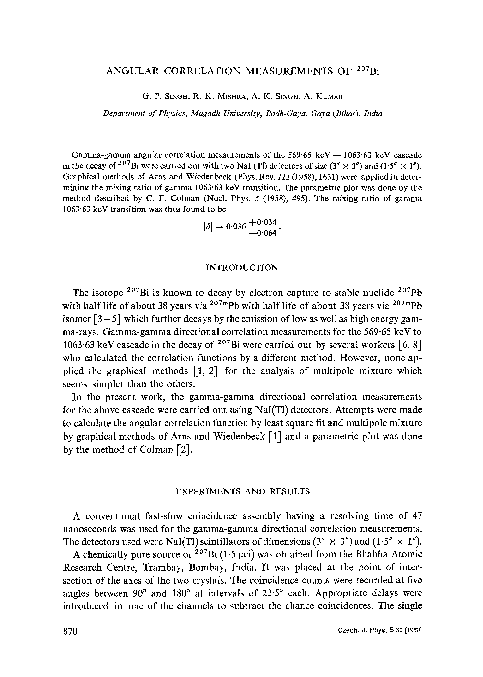 Pdf Angular Correlation Measurements Of207bi Ashok Kumar A Kbss