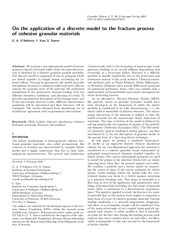 (PDF) On the application of a discrete model to the fracture process of cohesive granular materials