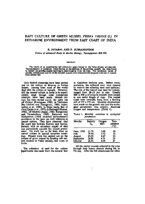 (PDF) RAFT CULTURE OF GREEN MUSSEL PERNA VIRIDIS (L) IN ESTUARINE ...
