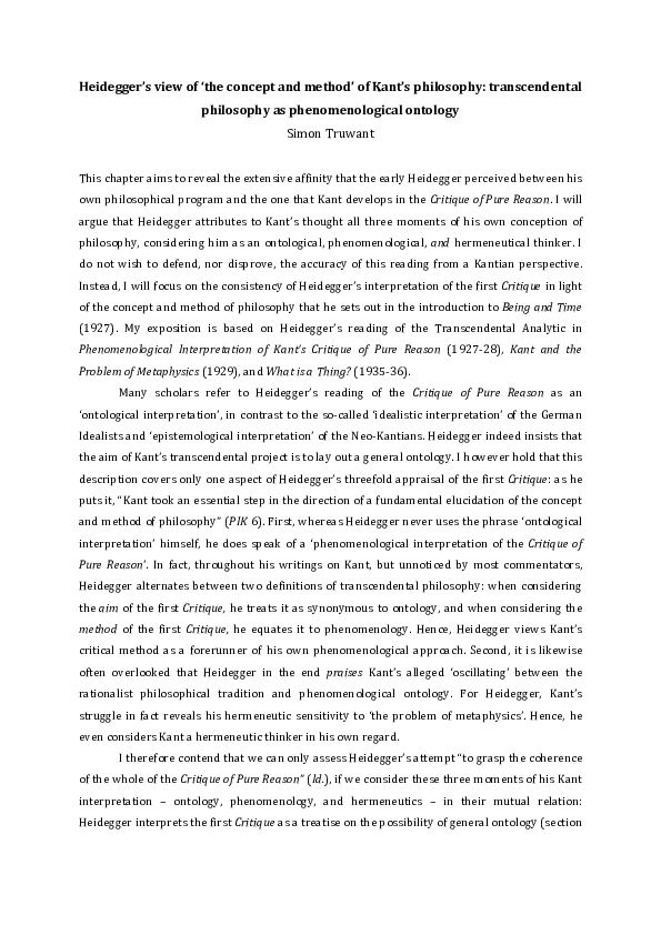 (PDF) Heidegger’s view of ‘the concept and method’ of Kant’s philosophy ...