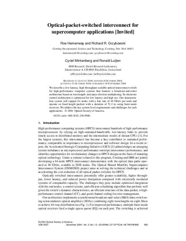 (PDF) Optical-packet-switched interconnect for supercomputer applications [Invited]