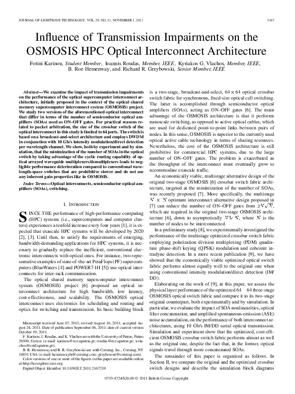 (PDF) Influence of Transmission Impairments on the OSMOSIS HPC Optical Interconnect Architecture