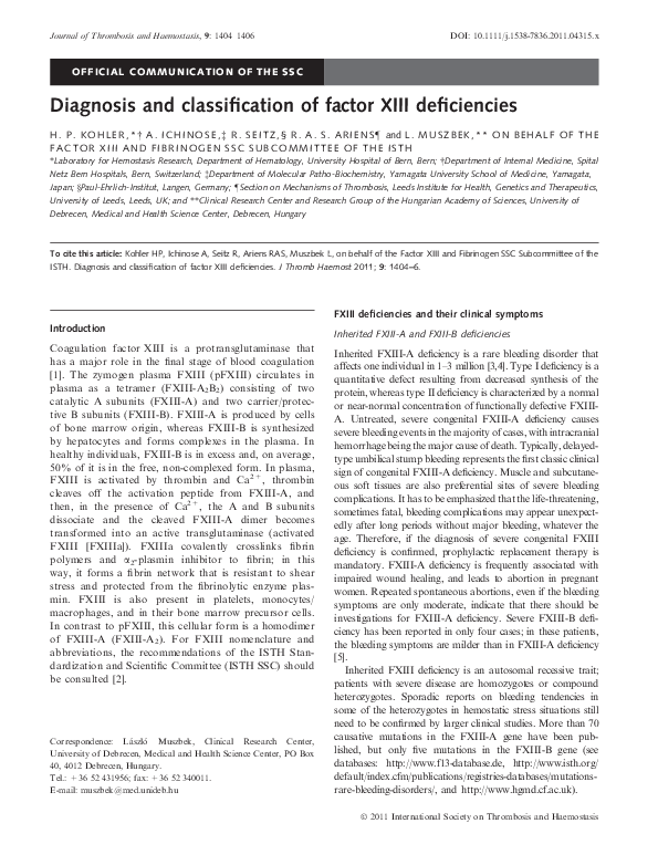 (PDF) Diagnosis and classification of factor XIII deficiencies