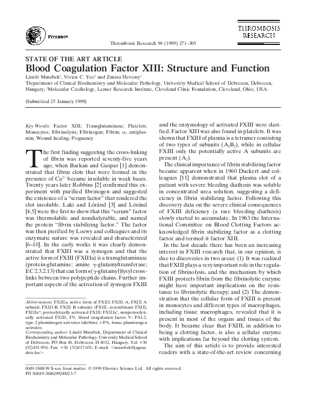 (PDF) Factor XIII: A Coagulation Factor With Multiple Plasmatic and ...