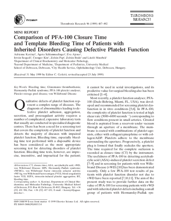 (PDF) Comparison of PFA-100 Closure Time and Template Bleeding Time of ...