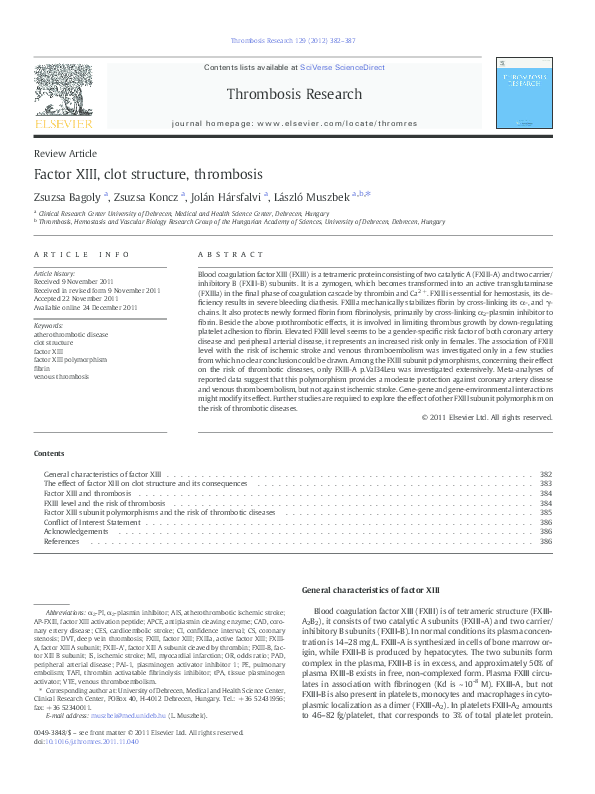 (PDF) Factor XIII, clot structure, thrombosis | László Muszbek ...