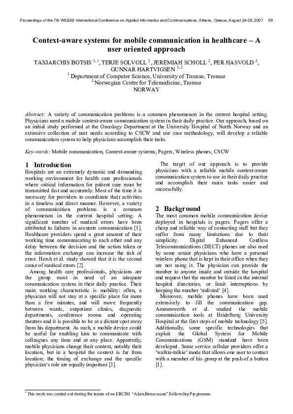 Pdf Context Aware Systems For Mobile Communication In Healthcare A User Oriented Approach