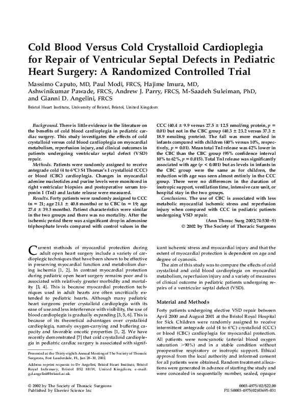 (PDF) Cold blood versus cold crystalloid cardioplegia for repair of ...