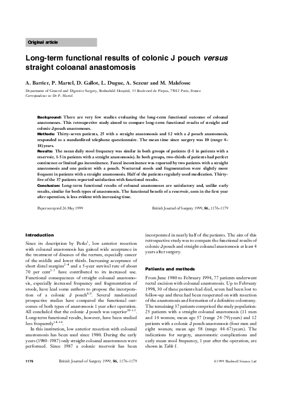 (PDF) Long-term functional results of colonic J pouch versus straight ...