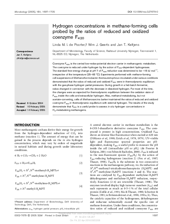 (PDF) Assessing Hydrogen Levels in Methanogens via F420