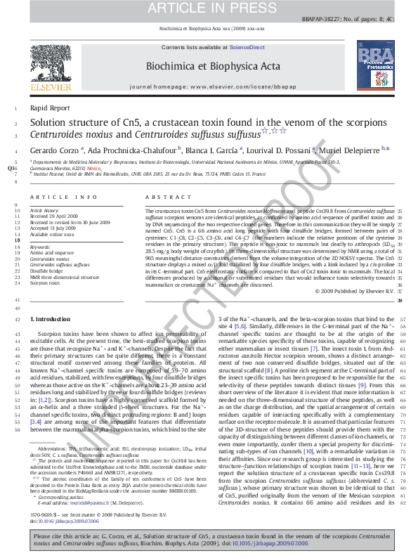 (PDF) Solution structure of Cn5, a crustacean toxin found in the venom ...