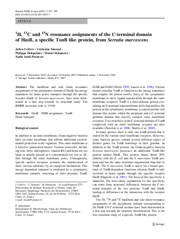 (PDF) (1)H, (13)C and (15)N resonance assignments of the C-terminal domain of HasB, a specific ...