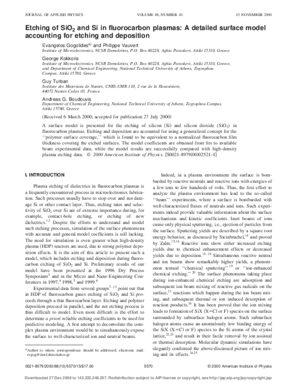 (PDF) Etching of SiO[sub 2] and Si in fluorocarbon plasmas: A detailed surface model accounting ...