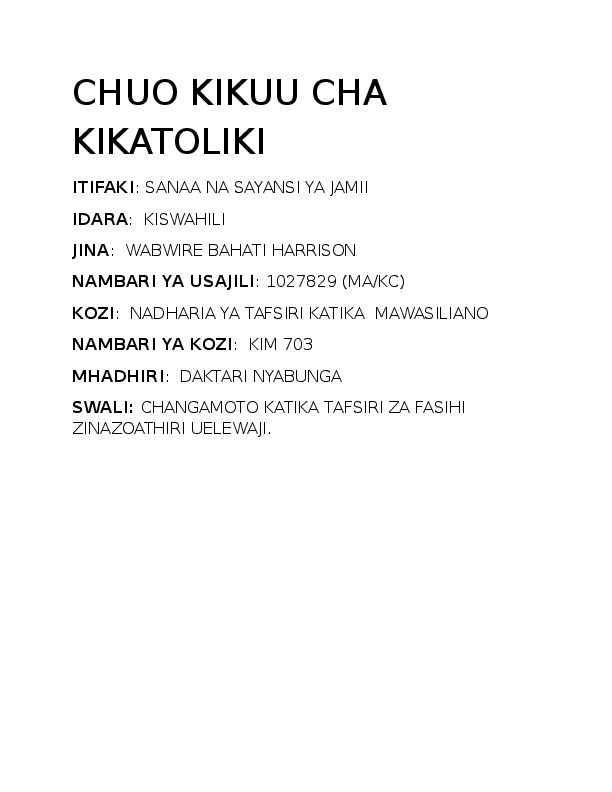 (DOC) CHUO KIKUU CHA KIKATOLIKI ITIFAKI: SANAA NA SAYANSI YA JAMII