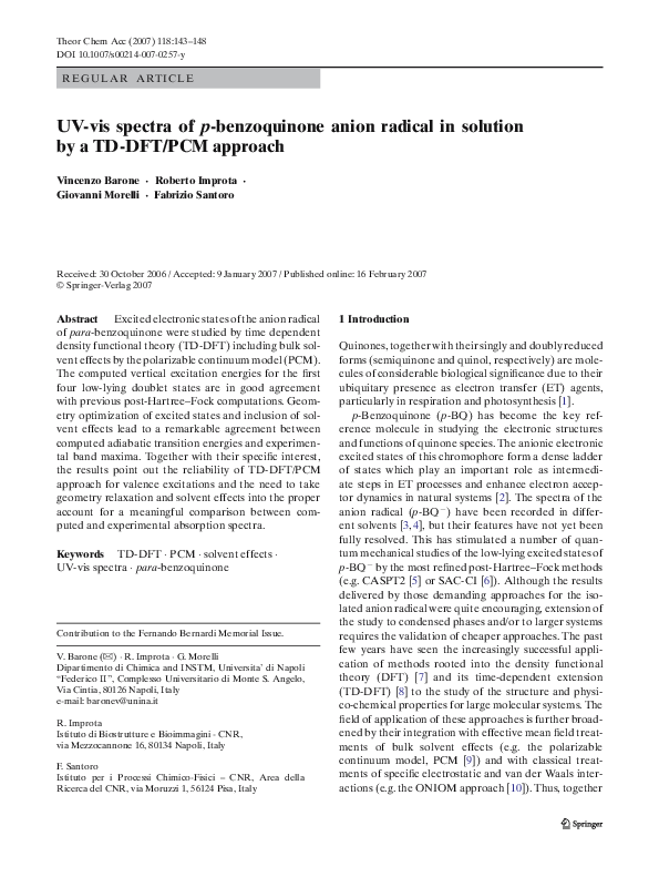 (PDF) UV-vis spectra of p-benzoquinone anion radical in solution by a ...