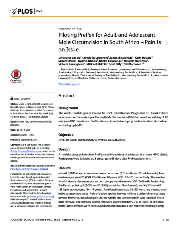 (PDF) Piloting PrePex for Adult and Adolescent Male Circumcision in ...