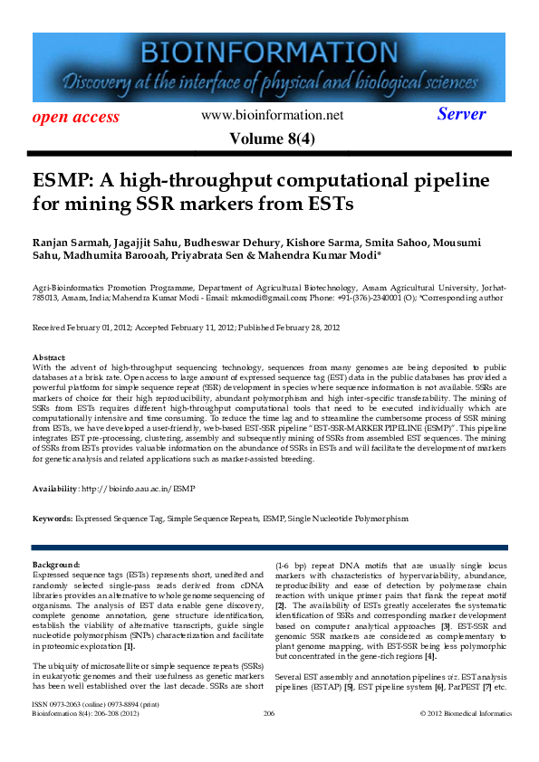 (PDF) ESMP: A high-throughput computational pipeline for mining SSR markers from ESTs