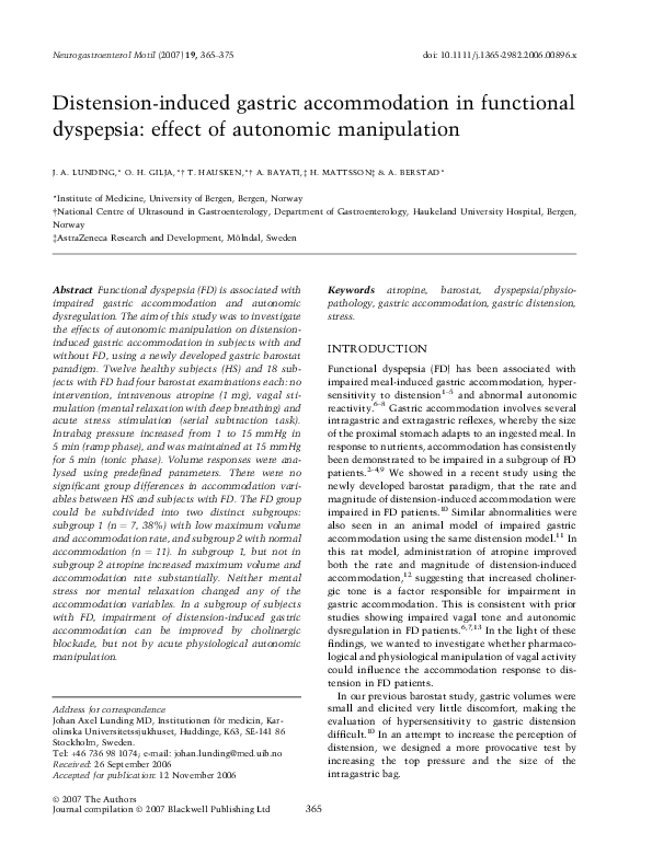 (PDF) Distension-induced gastric accommodation in functional dyspepsia: effect of autonomic ...