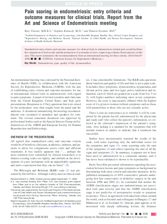 (PDF) Pain scoring in endometriosis: entry criteria and outcome ...