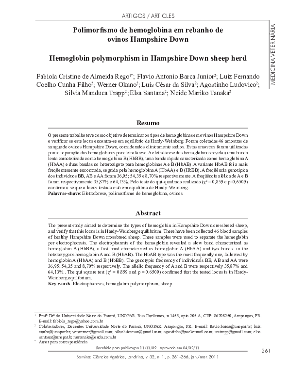 (PDF) Hemoglobin polymorphism in Hampshire Down sheep herd ...
