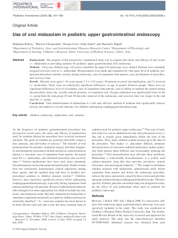 (PDF) Use of oral midazolam in pediatric upper gastrointestinal endoscopy
